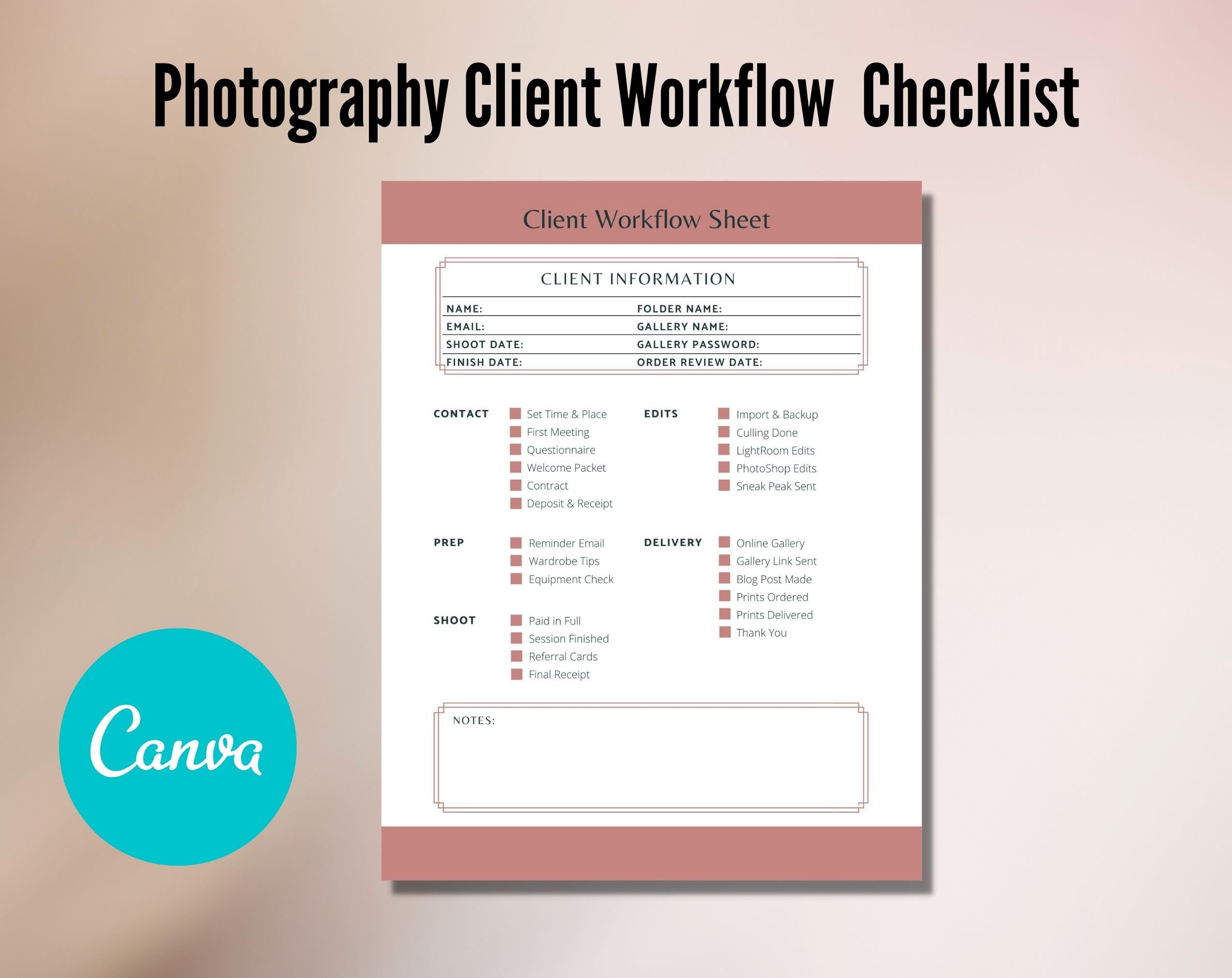 Client Workflow Checklist Template for Photographers - Etsy