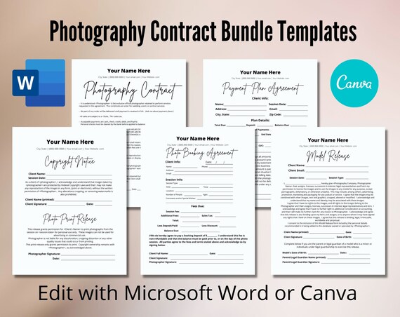 Contract Bundle Templates for Photographers Photography | Etsy