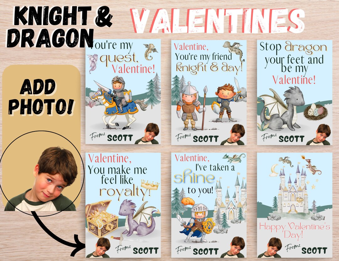 Medieval Knights and Dragons Valentine, Kids Valentines, Printable ...
