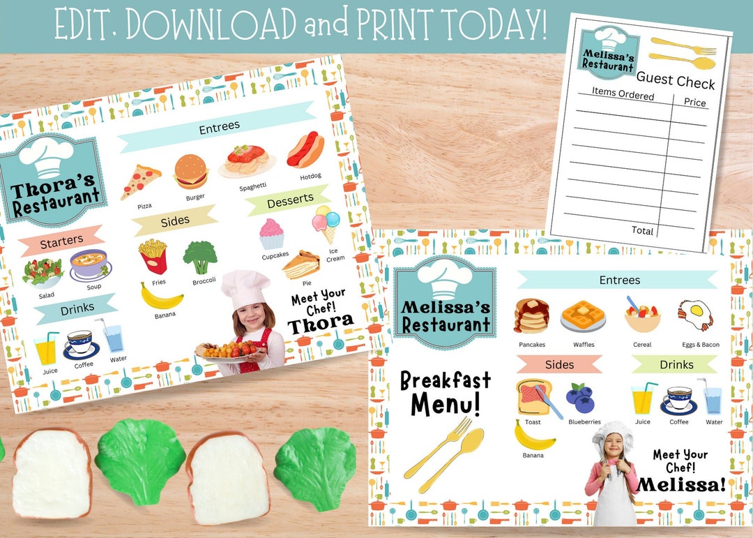 Restaurant Menu Printable, Kids Pretend Play Chef, Restaurant, Ice ...