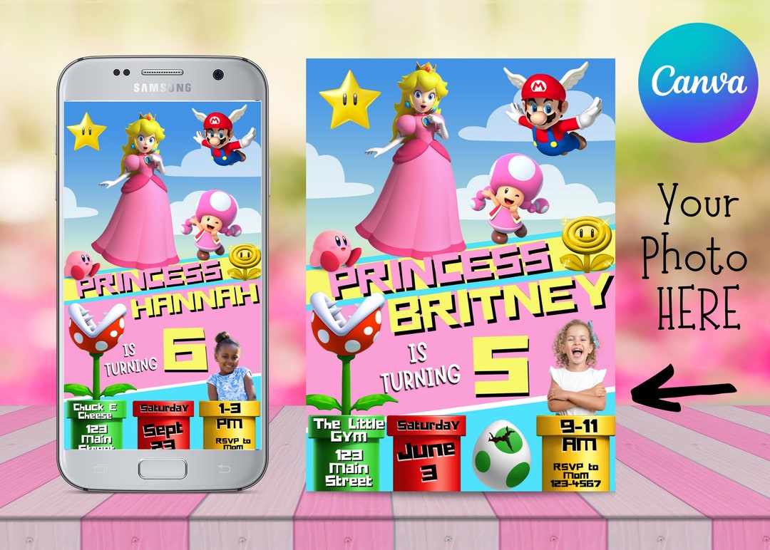 Editable Princess Peach Birthday Invitation, Canva Printable Birthday ...