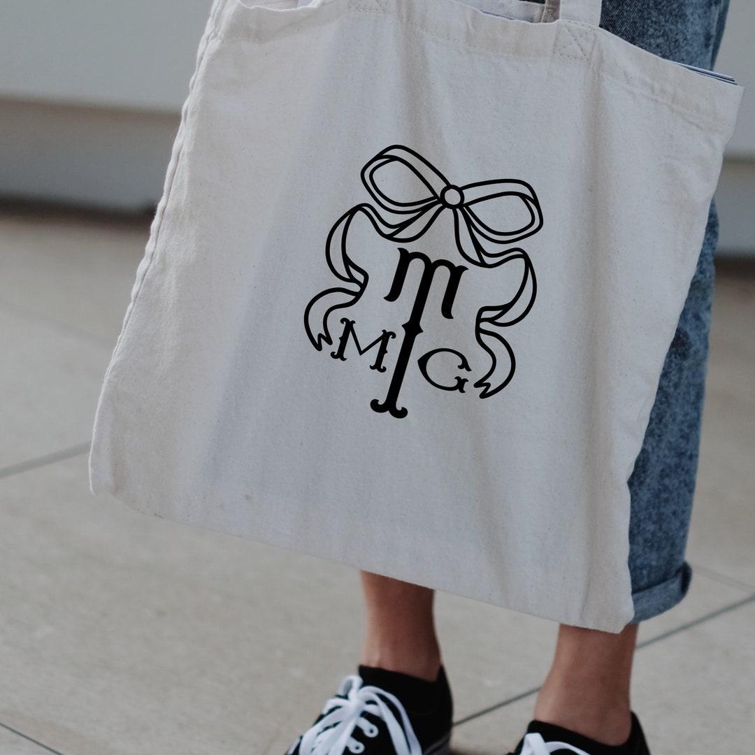Coquette Bow Personalised Tote Bag. Monogram Letter Canvas Tote Bag ...