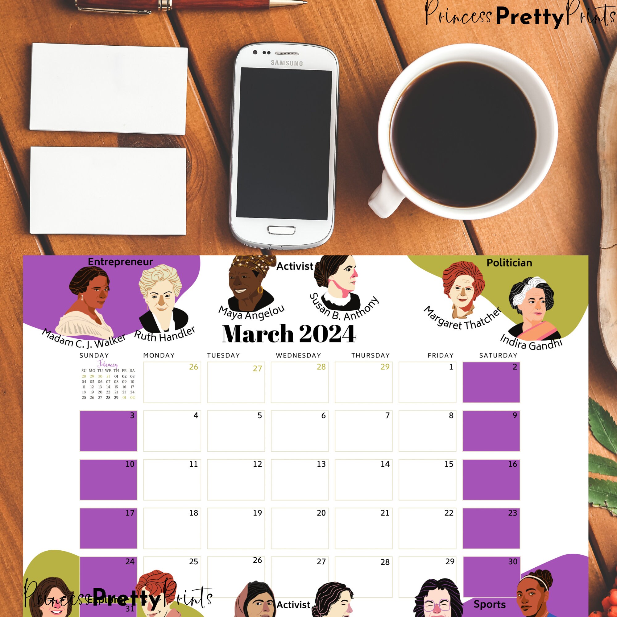 Women's History Calendar March 2024 Calendar Women Leader Purple and ...