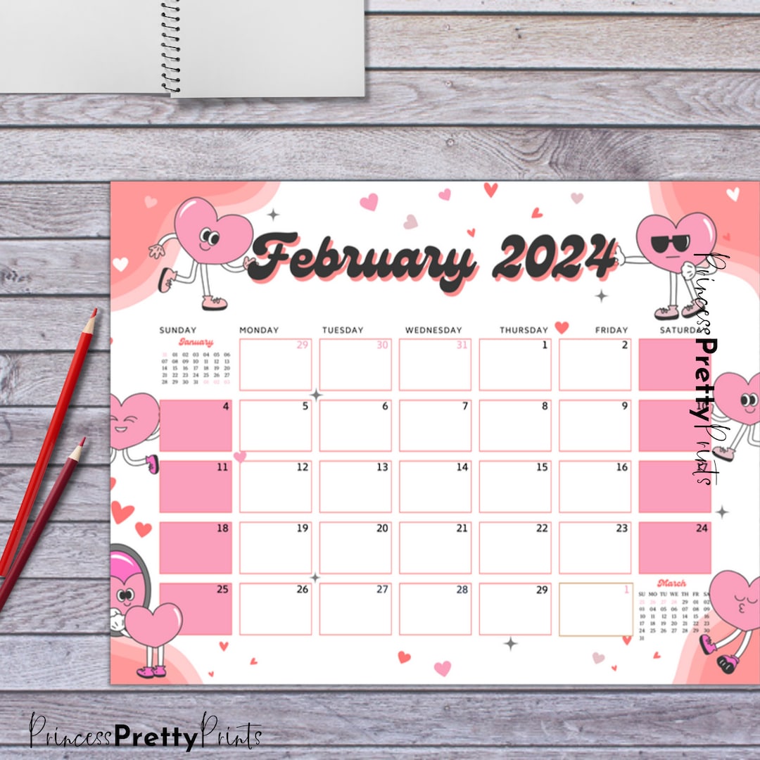 February 2024 Calendar, 2024 Valentines Calendar, Editable PDF Calendar ...