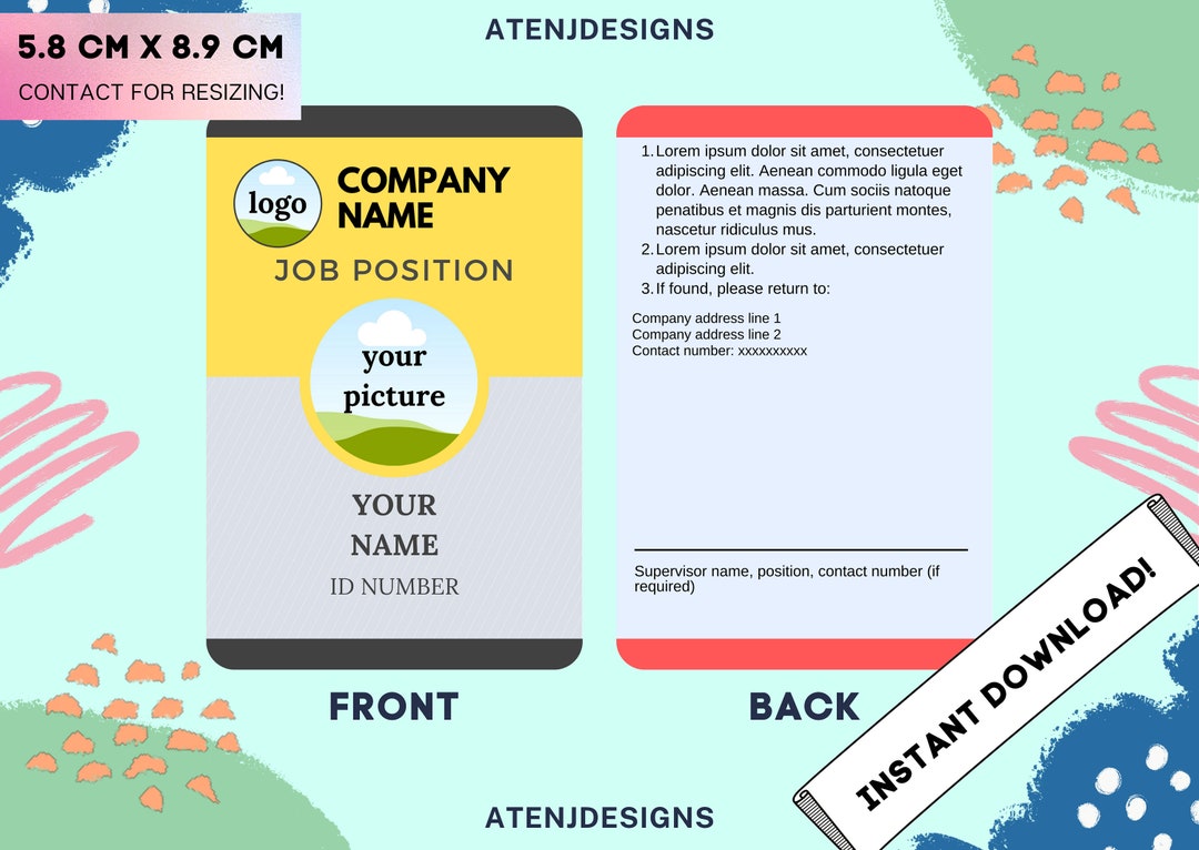 INSTANT DOWNLOAD Editable Work ID Badge/card Template - Etsy