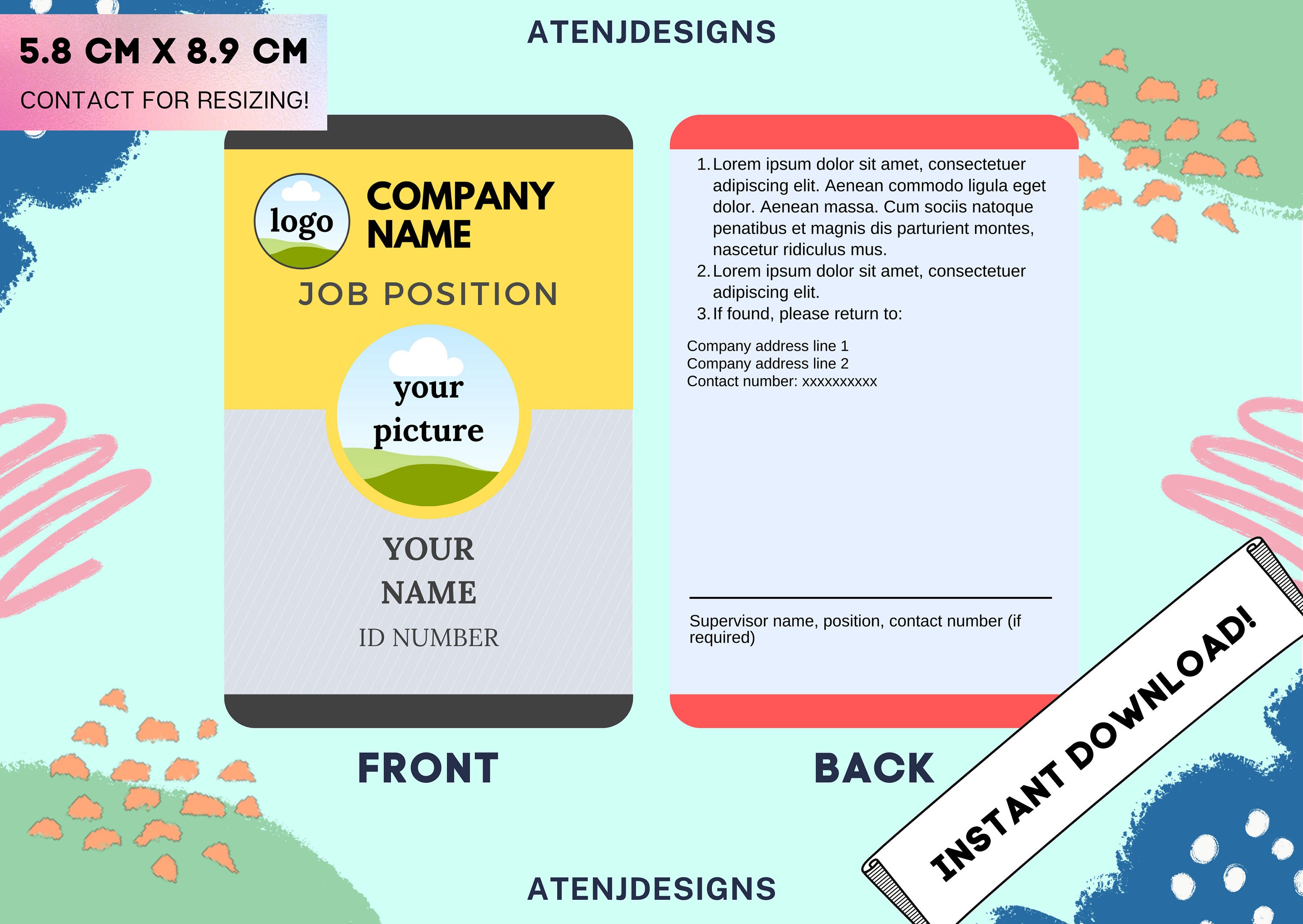 INSTANT DOWNLOAD Editable Work ID Badge/card Template - Etsy