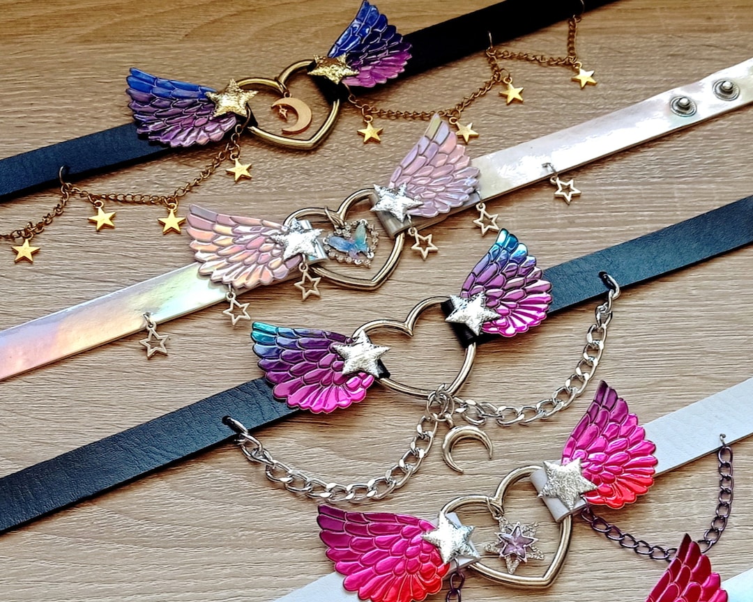 Choker Leather Angel Wings Moon Galaxy Stars Holo Black Heart Choker ...