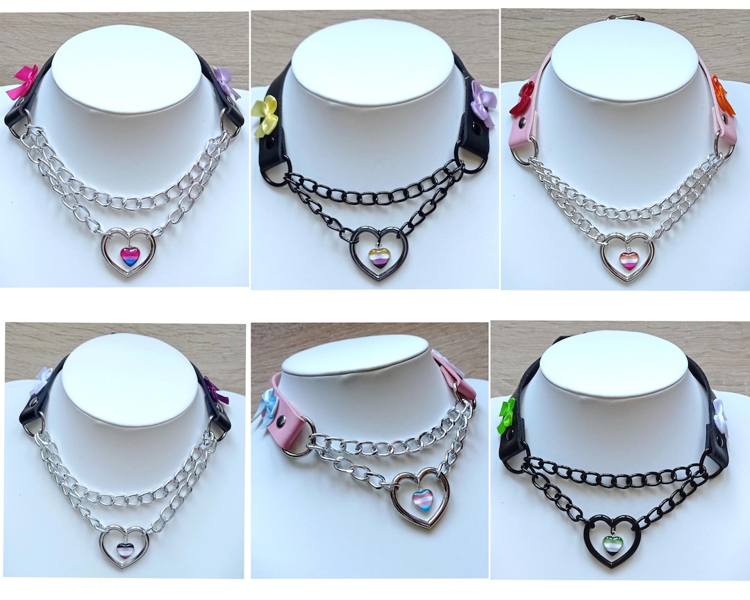 Pride Choker Lgbtq Rainbow Heart Chain Leather Choker Aroace ...