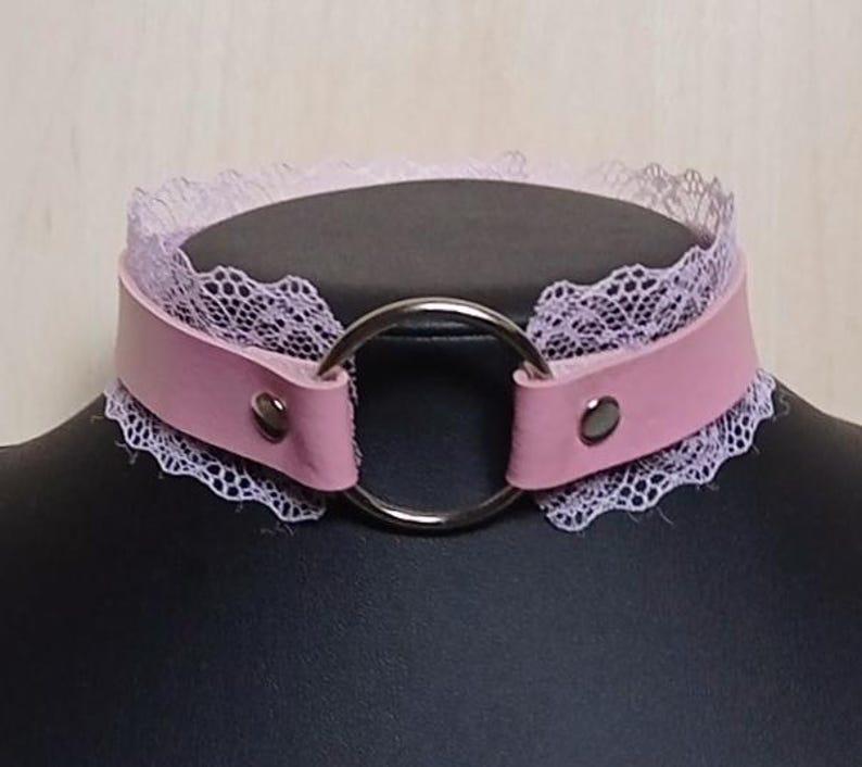 O-ring Lace Choker Pastel Goth Collar Leather Rose Pink White Black ...