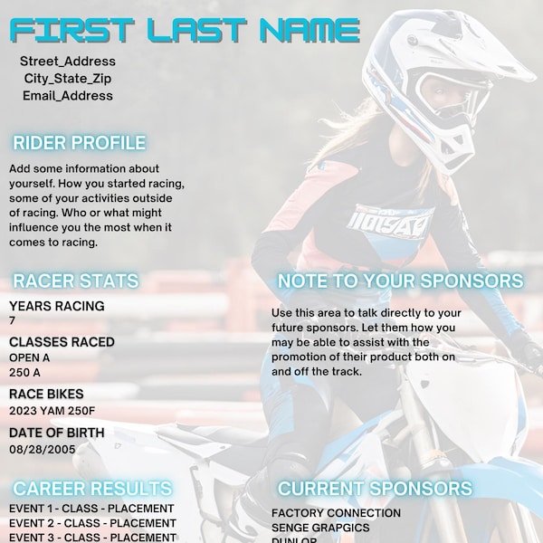 Motocross Resume Template - Etsy