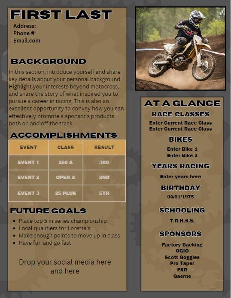 Motocross Sponsorship Resume Template Bundle (canva Editable PDF) - Etsy
