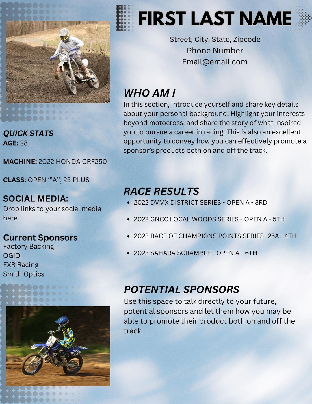 Motocross Sponsorship Resume Template: Clean, Simple, Custom (canva ...