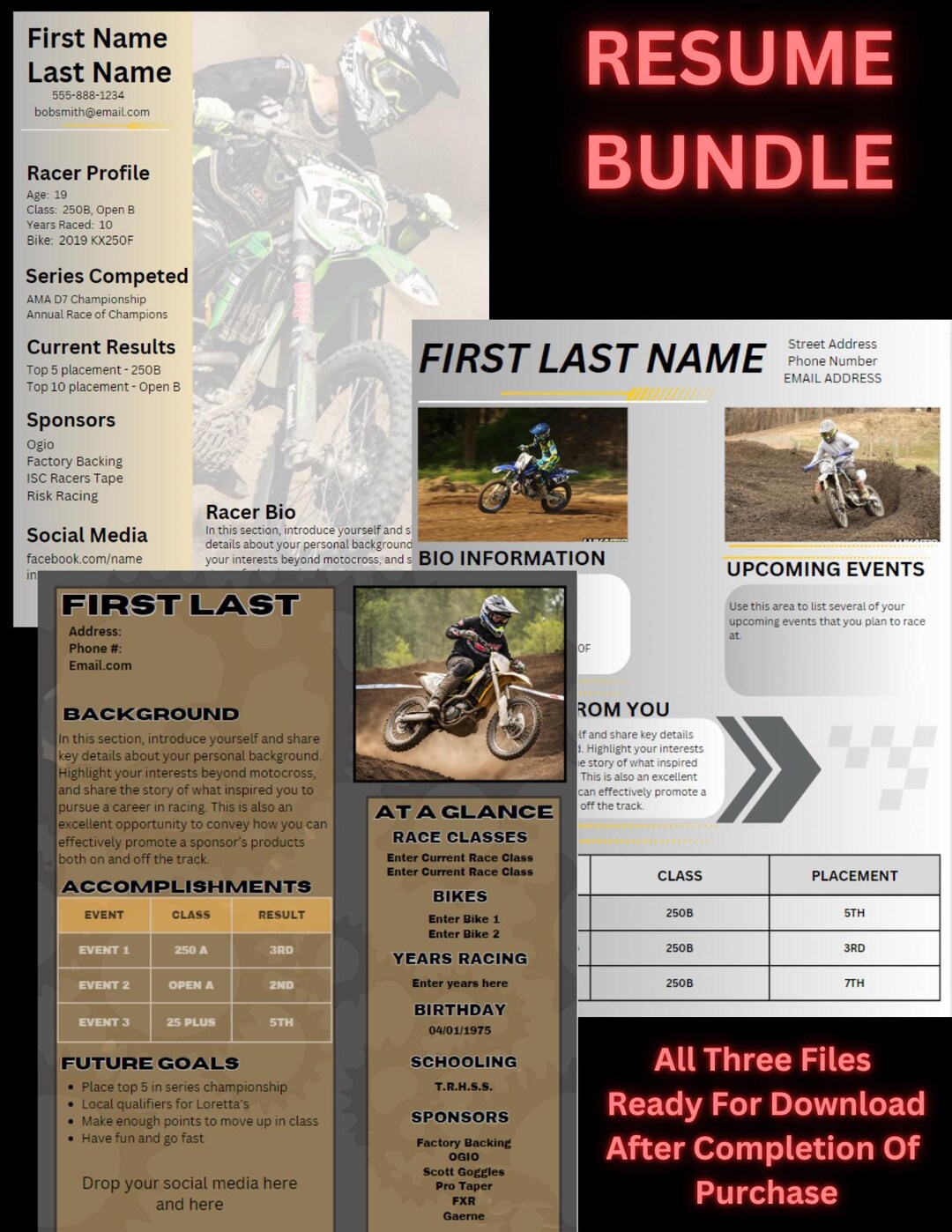 3 Resume Bundle | Motocross Sponsorship Resume - Clean and Simple ...