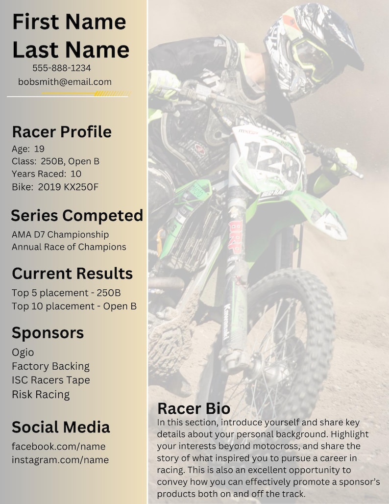 Motocross Sponsorship Resume Template: Clean, Simple, Custom (canva ...
