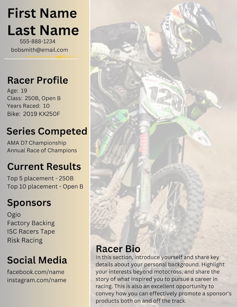 Motocross Sponsorship Resume Template: Clean, Simple, Custom (canva ...