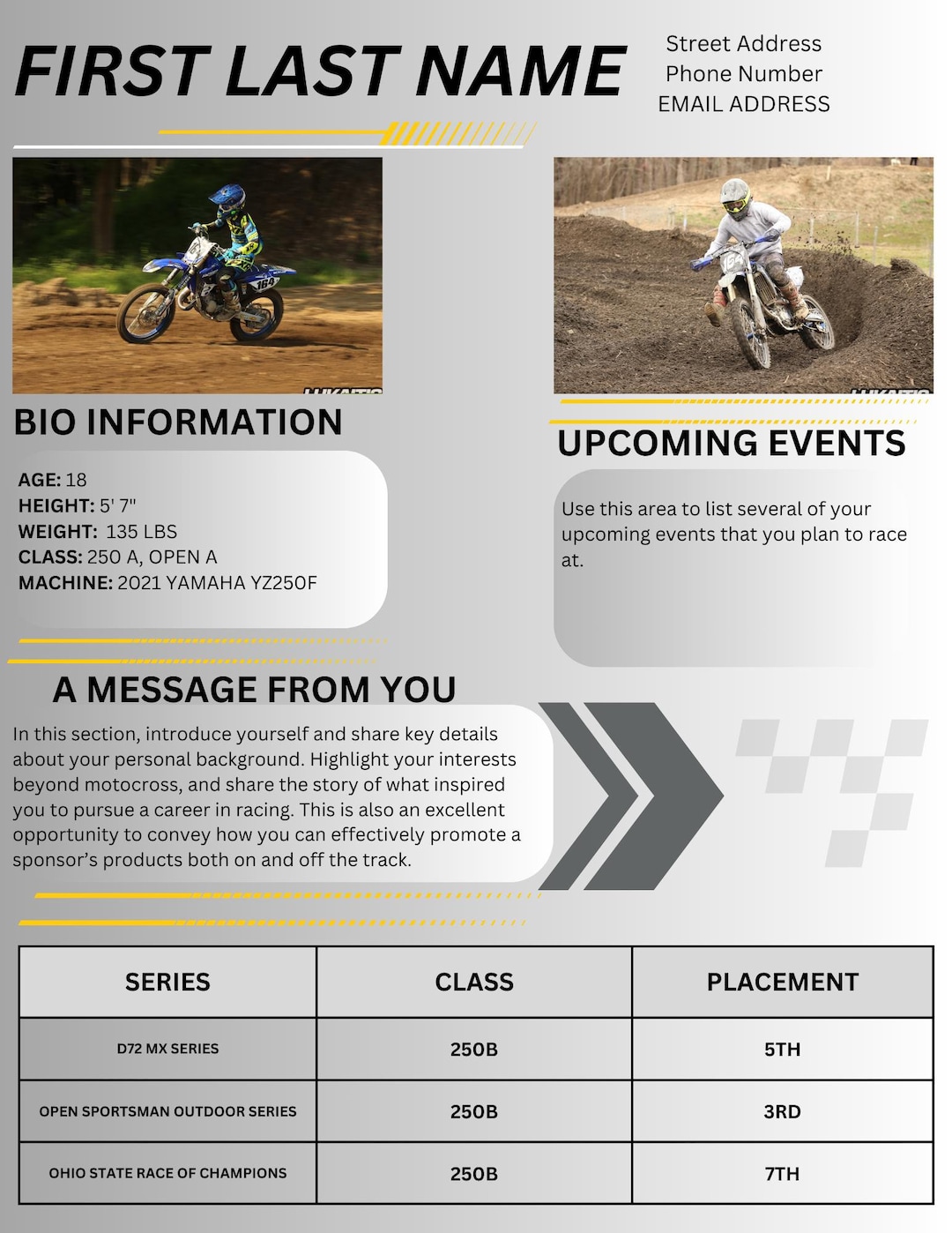 Custom Motocross Sponsorship Resume: Clean, Simple Layout (editable PDF ...