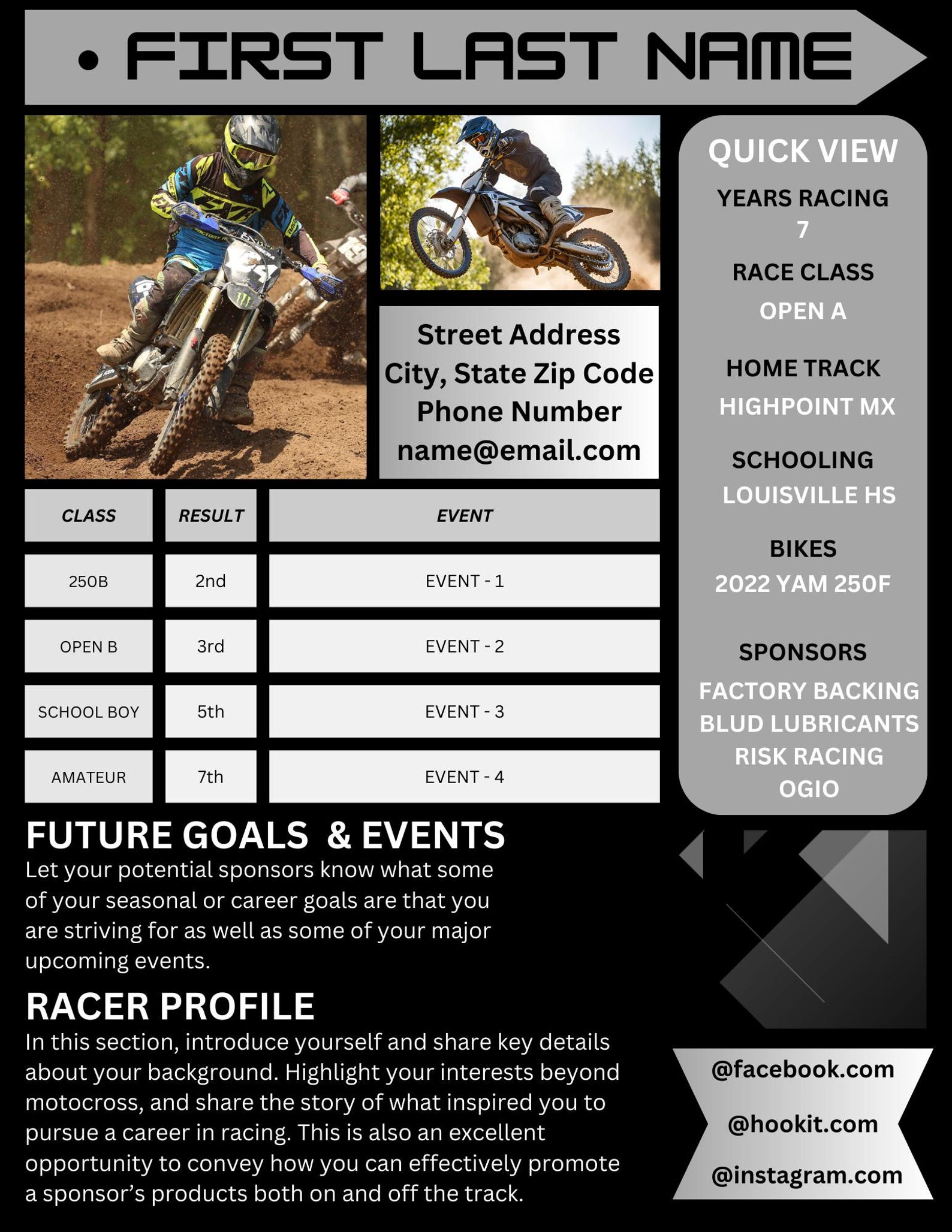 Custom Motocross Sponsorship Resume: Clean, Simple Canva Template ...
