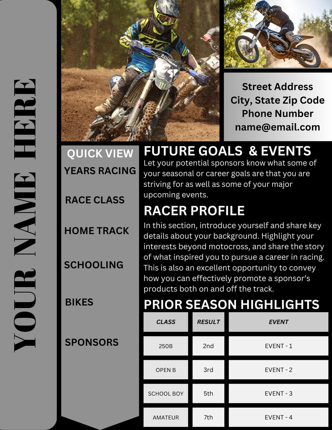 Custom Motocross Sponsorship Resume: Clean, Simple Layout (editable PDF ...