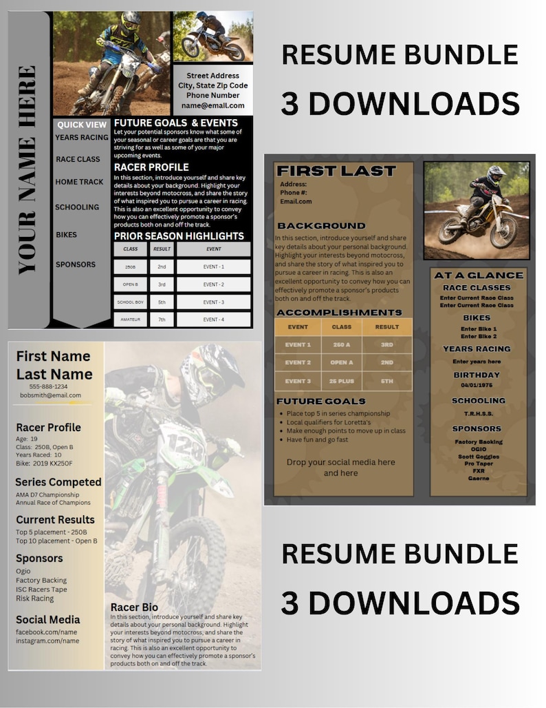 Motocross Resume Template Bundle: Sponsorship Resume (canva Editable ...
