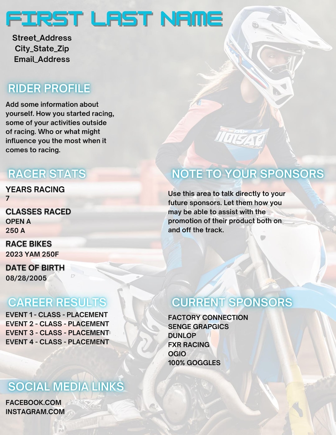 Motocross Sponsorship Resume: Clean, Simple, Custom (editable PDF) - Etsy