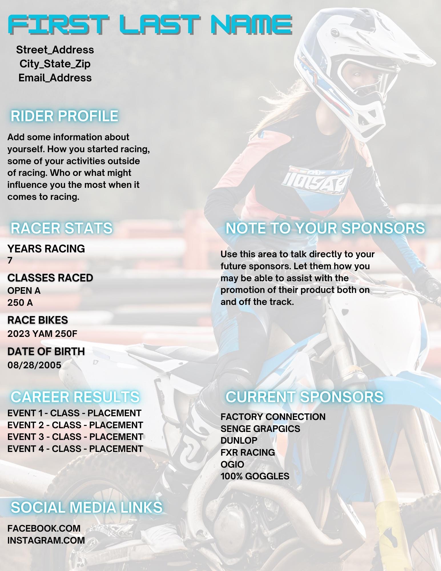 Motocross Sponsorship Resume: Clean, Simple, Custom (editable PDF) - Etsy
