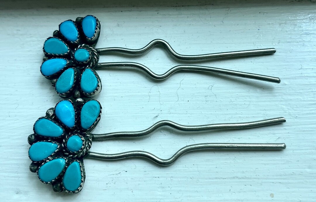 Rare Vintage Native American Made Zuni Turquoise and Silver Hair Pins ...