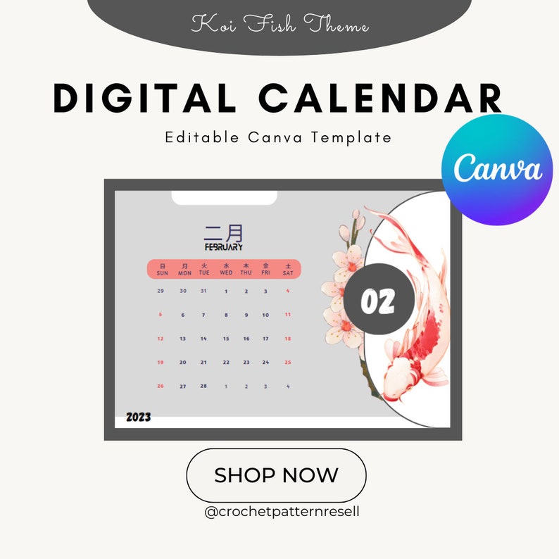 2023 Calendar Printable Download, Koi Fish Japanese 2023 Printable ...