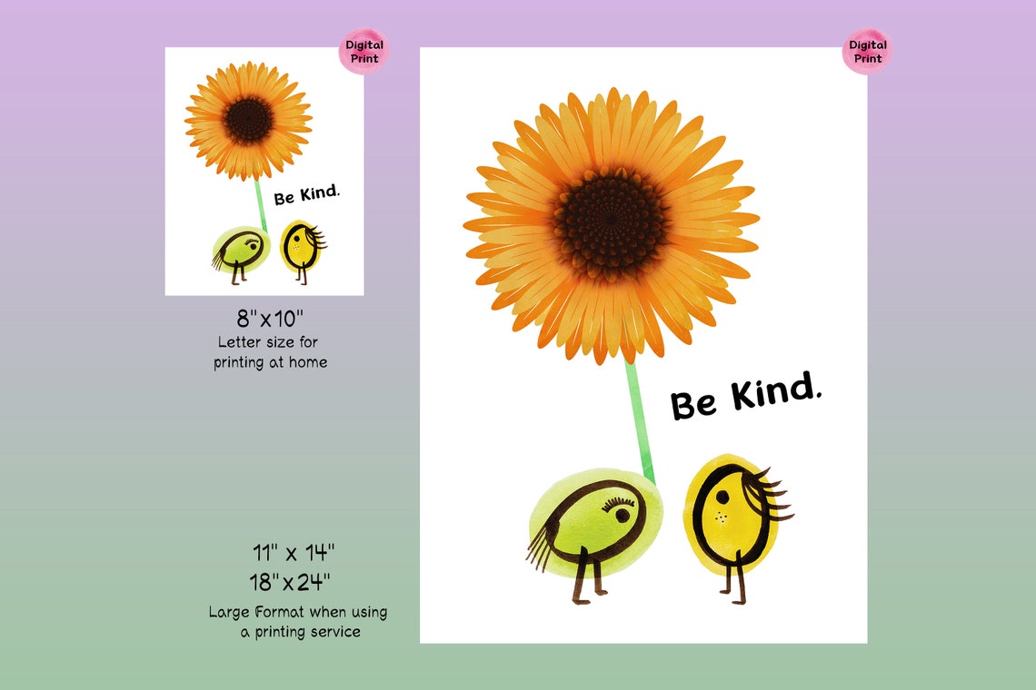 Be Kind Sunflower Art Print With Abstract Doodle People Instant ...
