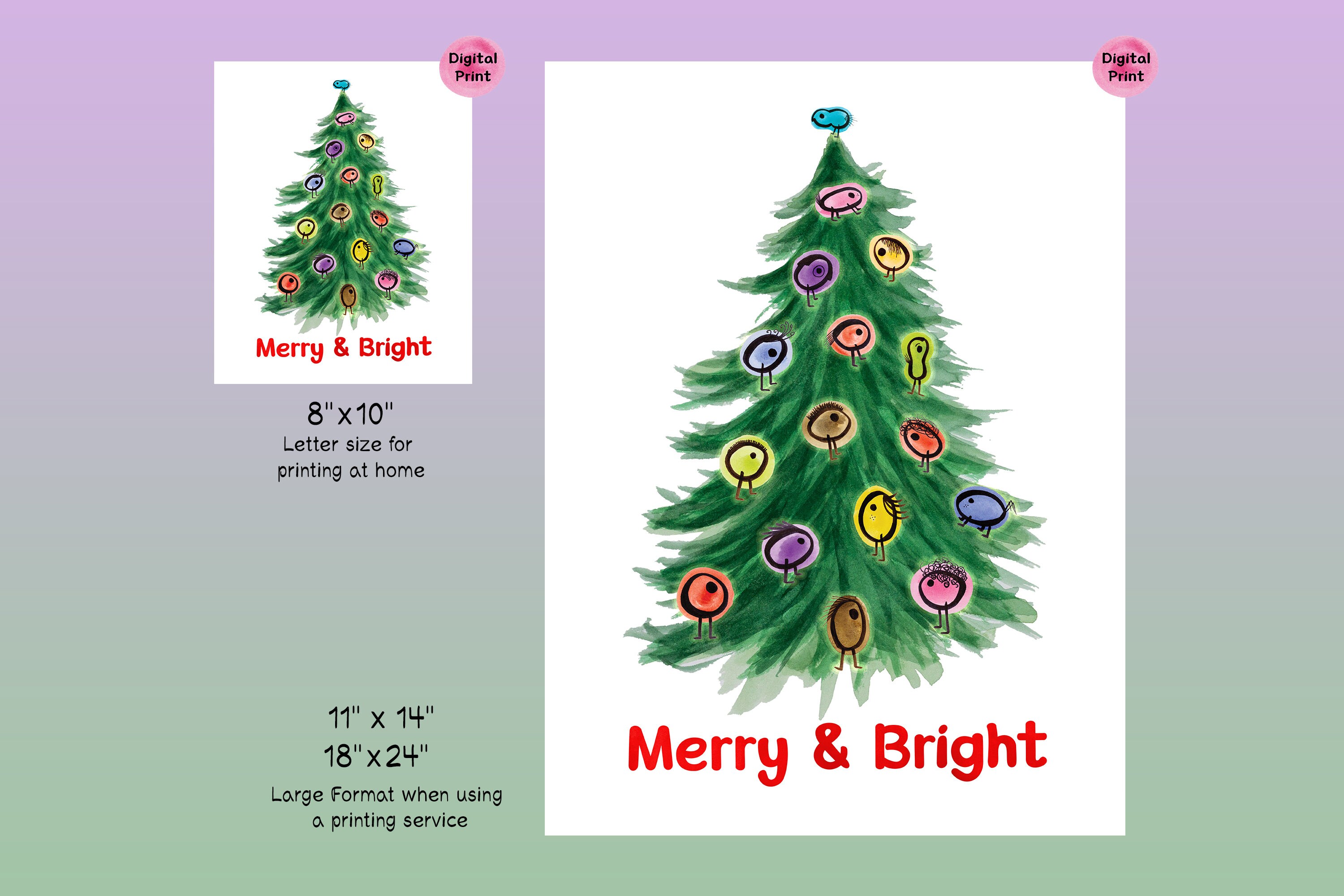 Merry and Bright, Pine Tree Art, Christmas Decor, Digital Download - Etsy