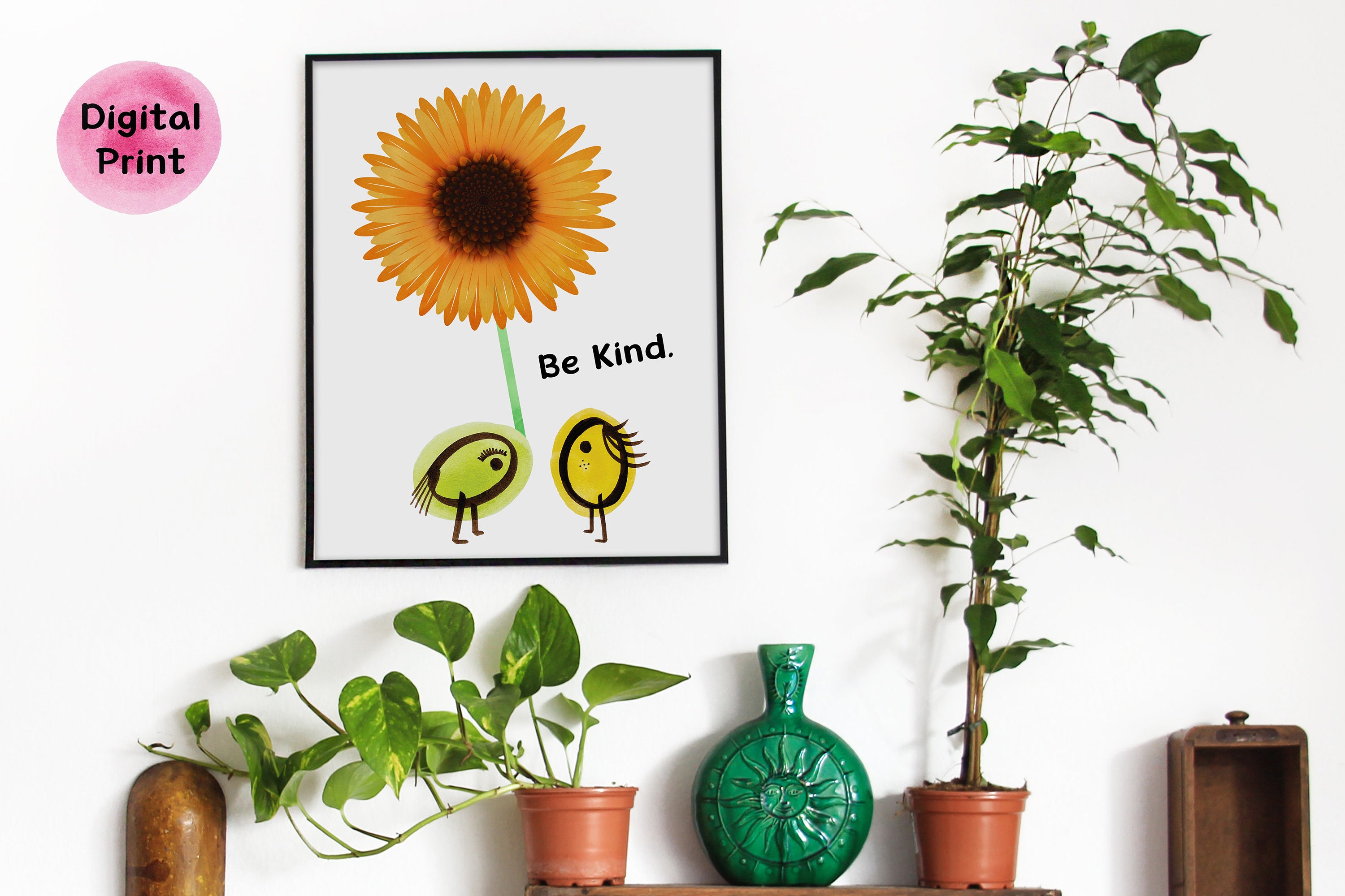 Be Kind Sunflower Art Print With Abstract Doodle People – Instant ...