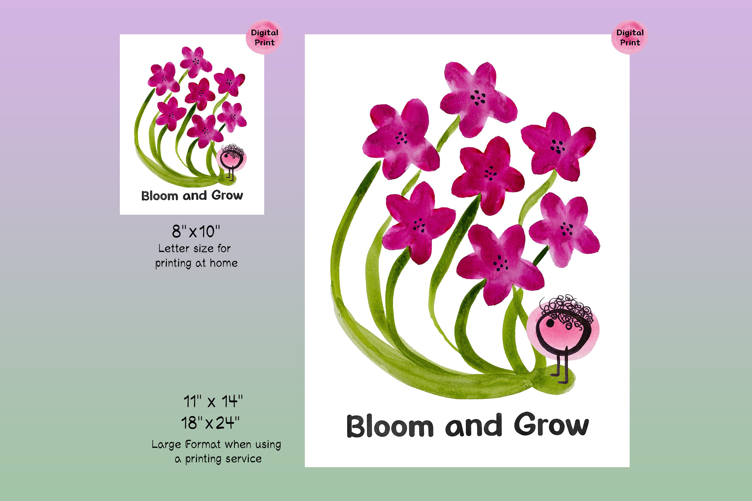 Pink Watercolor Flower Print, Bloom and Grow, Nursery Decor (digital ...