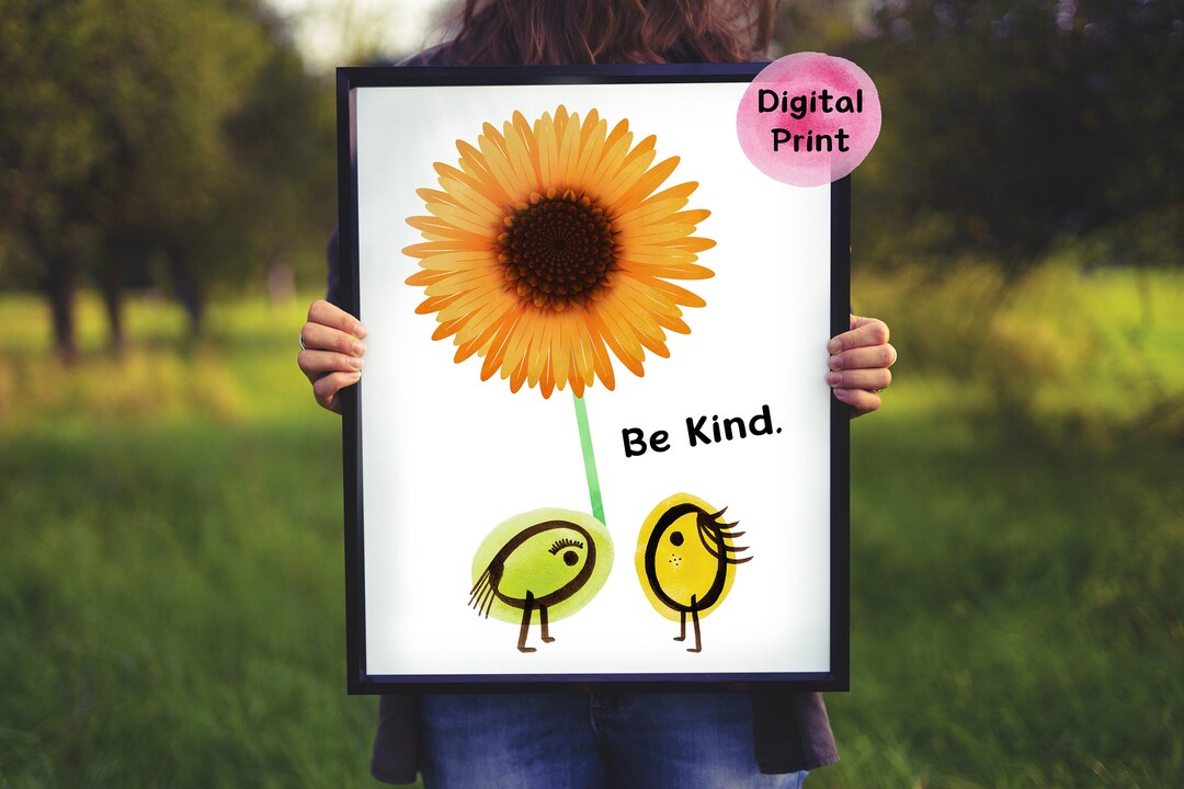 Be Kind Sunflower Art Print With Abstract Doodle People – Instant ...