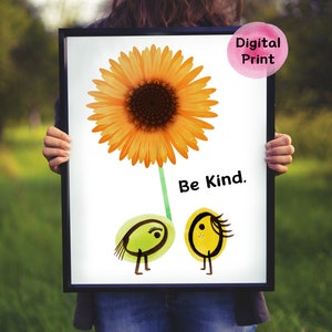 Be Kind Sunflower Art Print With Abstract Doodle People – Instant ...