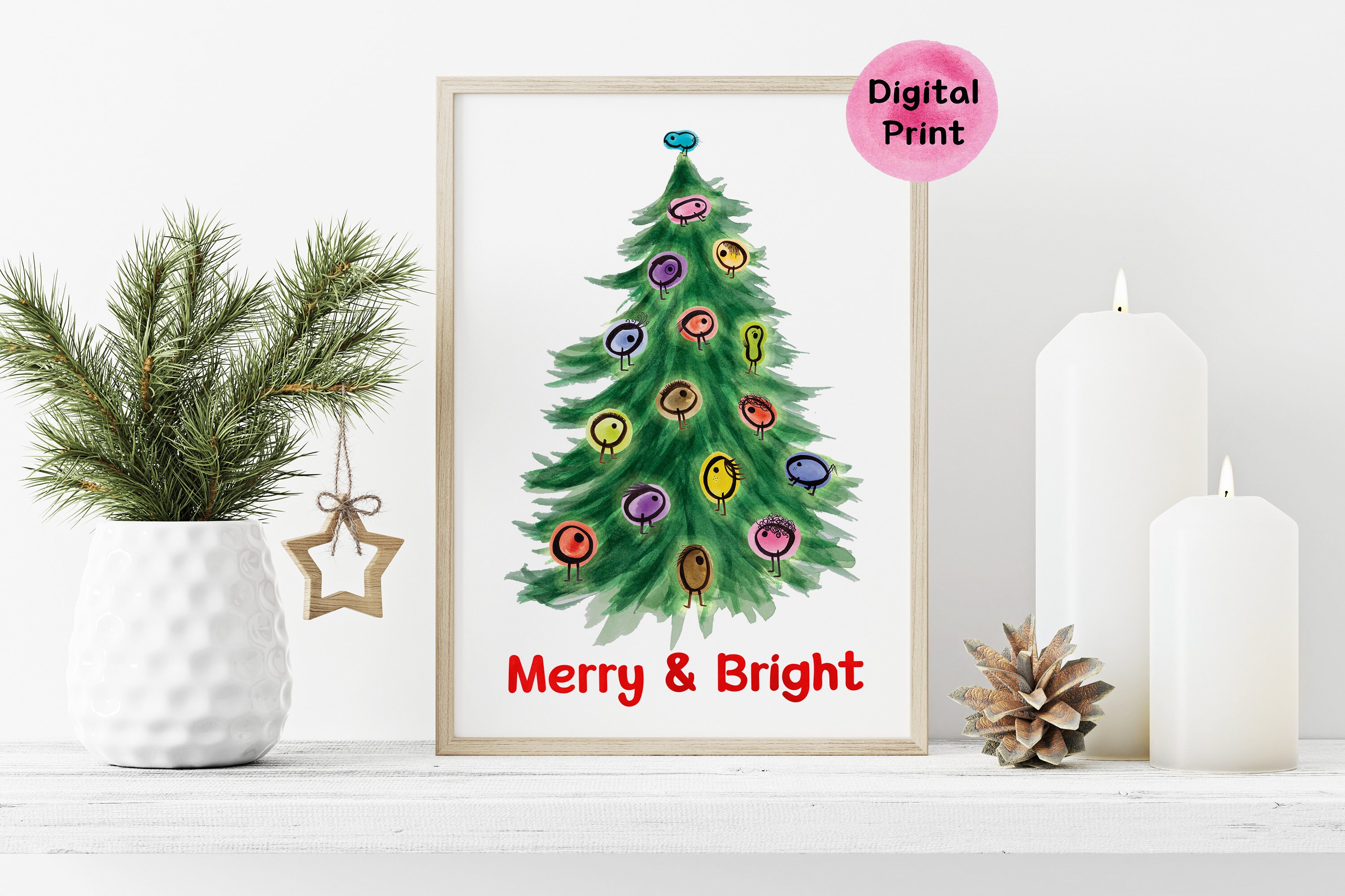 Merry and Bright, Pine Tree Art, Christmas Decor, Digital Download - Etsy