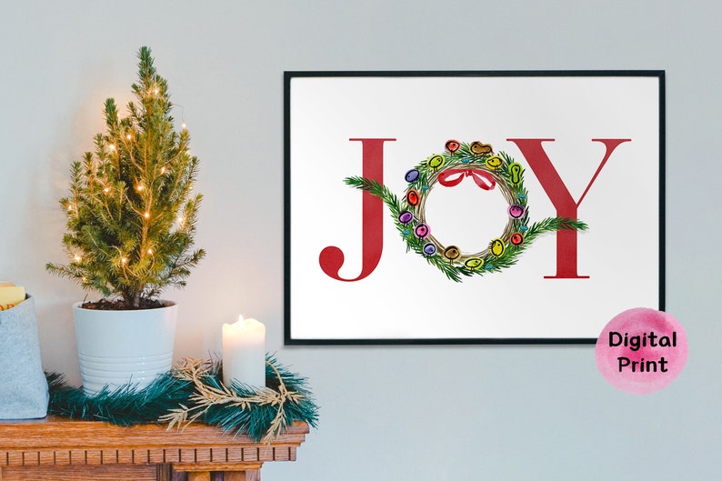 JOY Printable With Abstract Christmas Art, Wreath Painting, Holiday ...