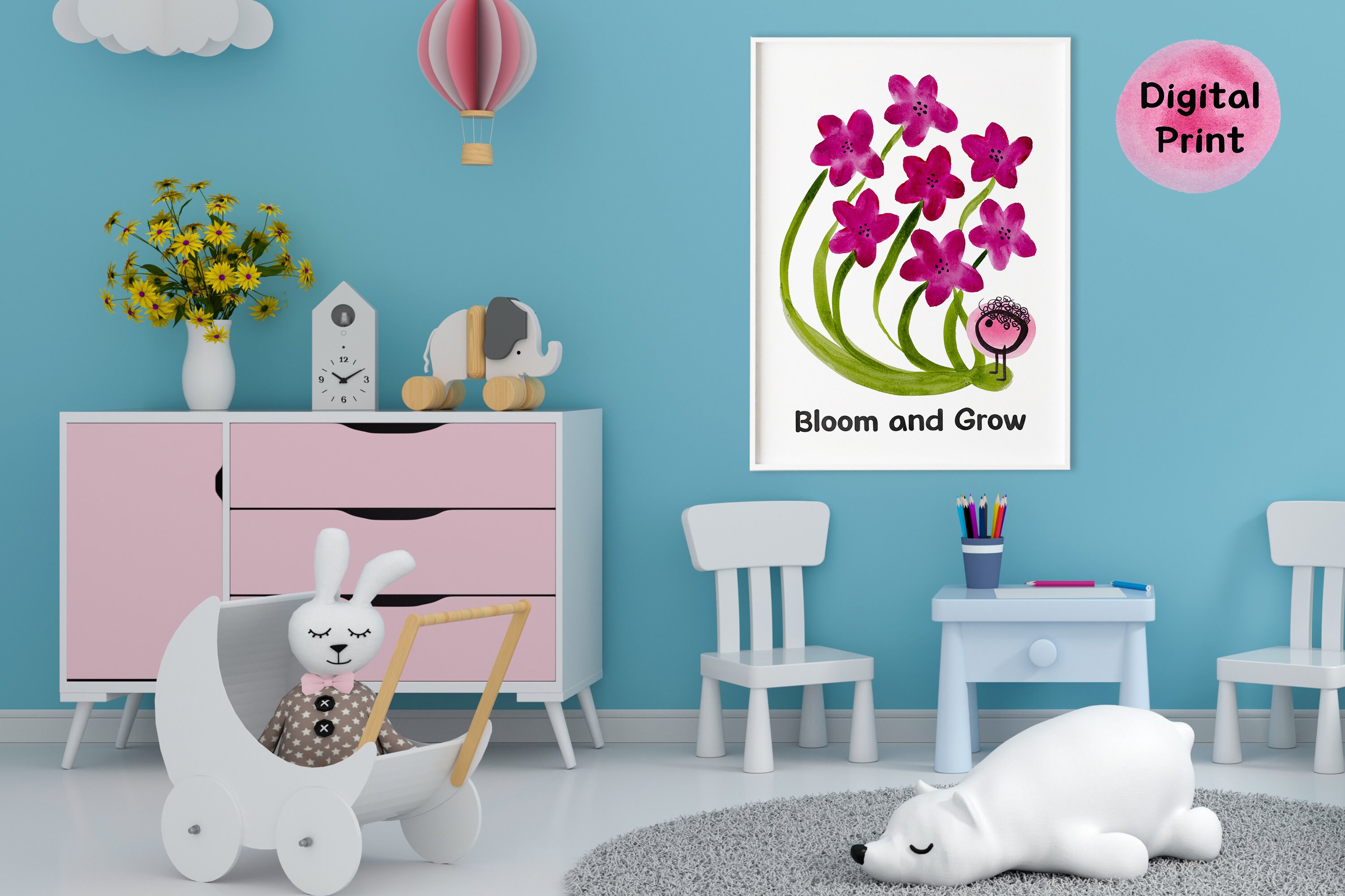 Bloom and Grow Pink Watercolor Flower Poster With Abstract - Etsy
