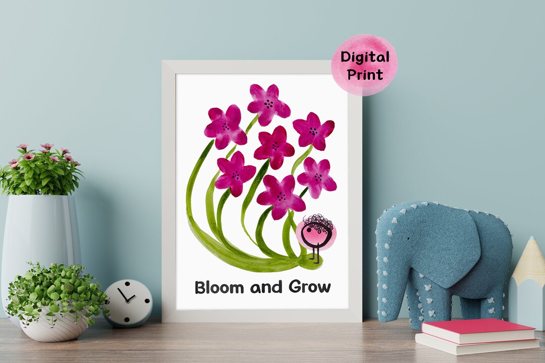 Pink Watercolor Flower Print, Bloom and Grow, Nursery Decor (digital ...