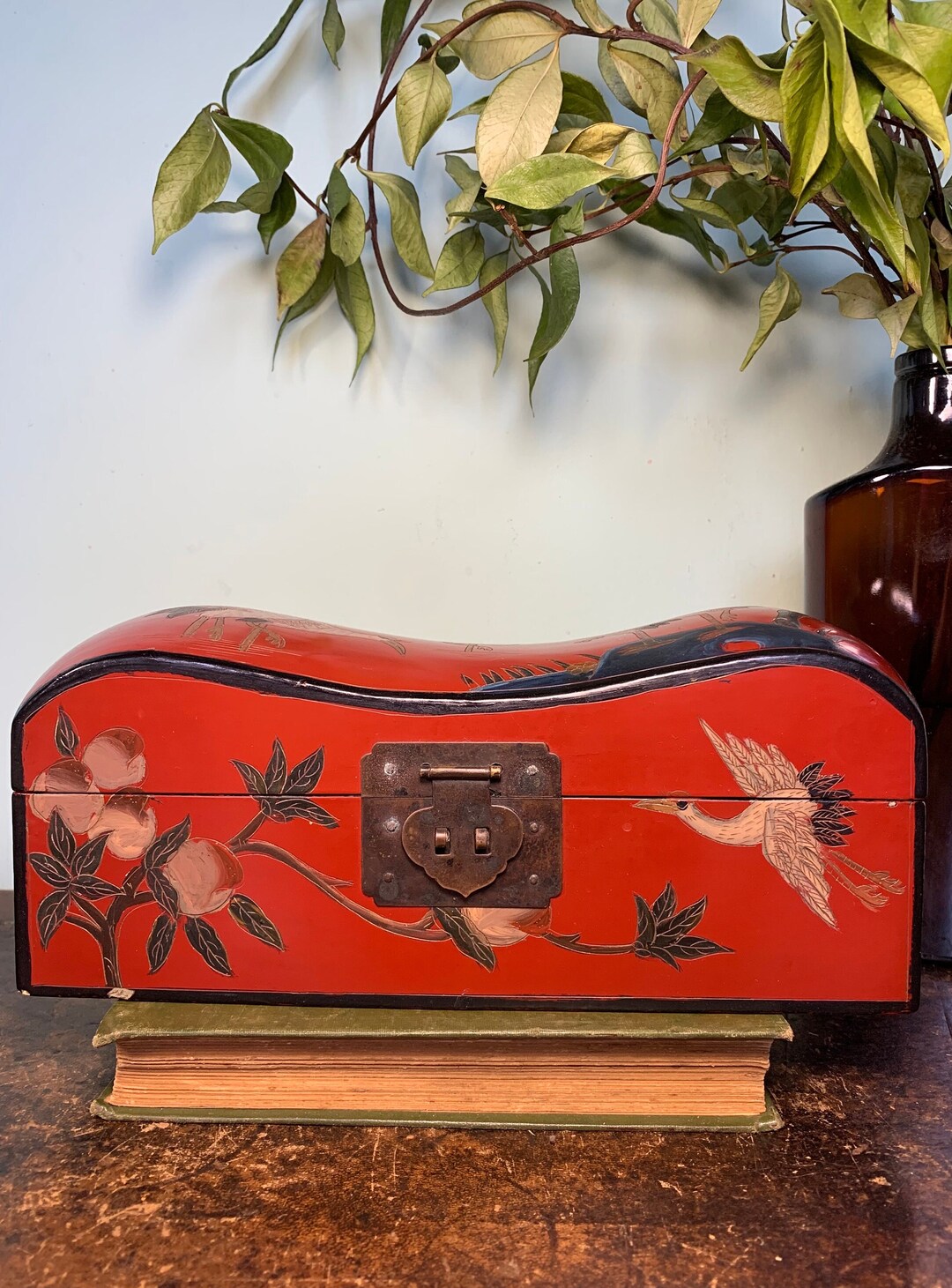 Chinese Pillow Box-the Lid Decorated With Birds-vintage Hand Painted ...