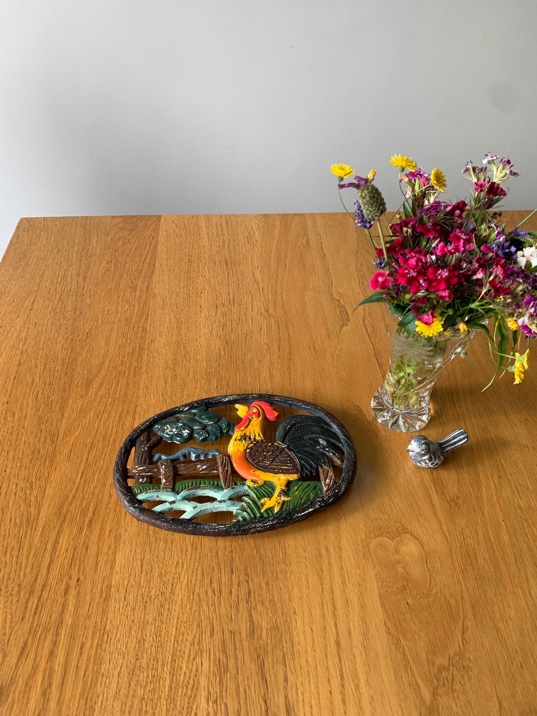 Vintage Cast Iron Trivet With Painted Enamel Coating-cockerel Rooster ...