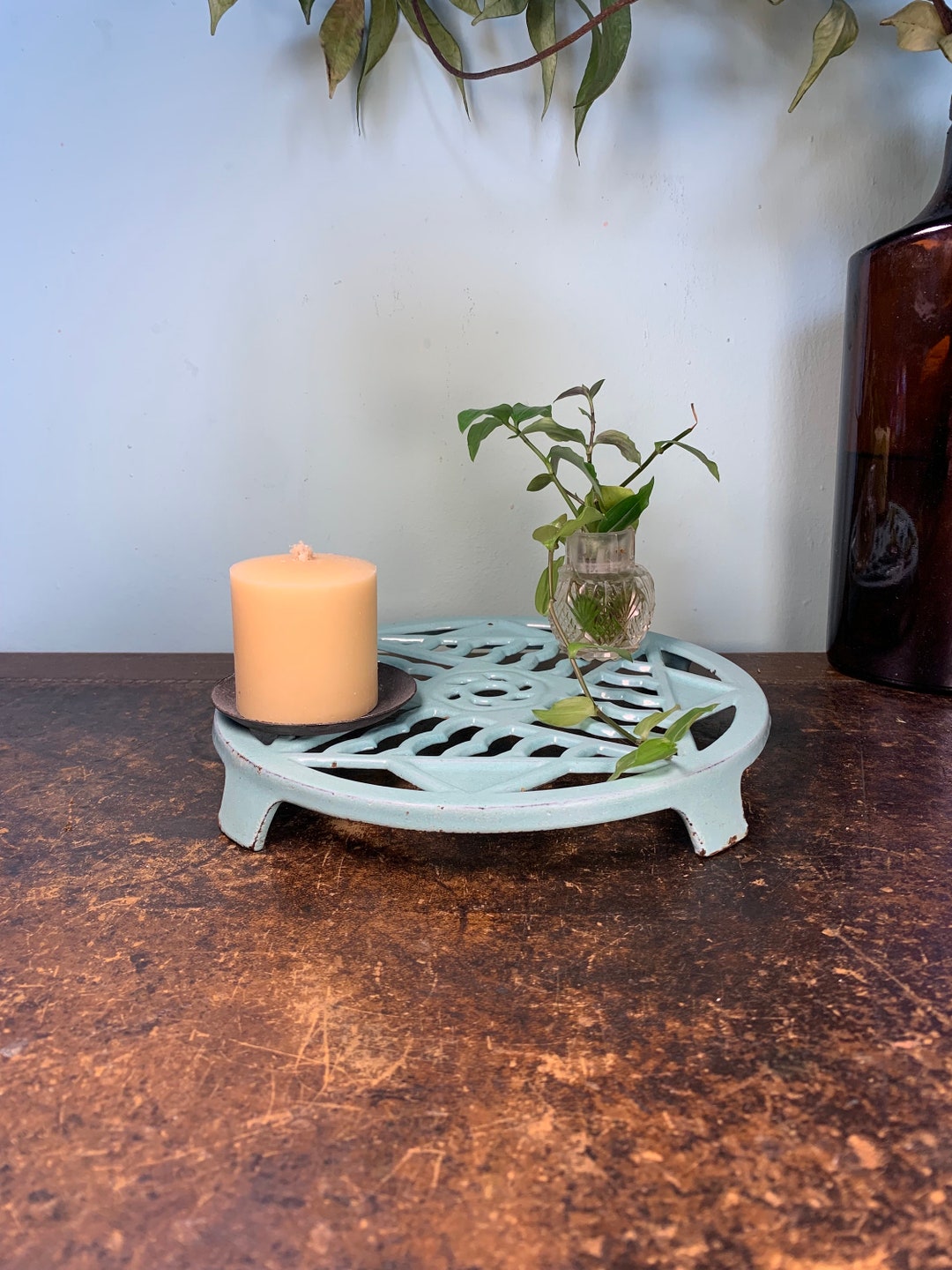 Vintage French Shabby Chic Turquoise | Pale Green Cast Iron Trivet - Etsy