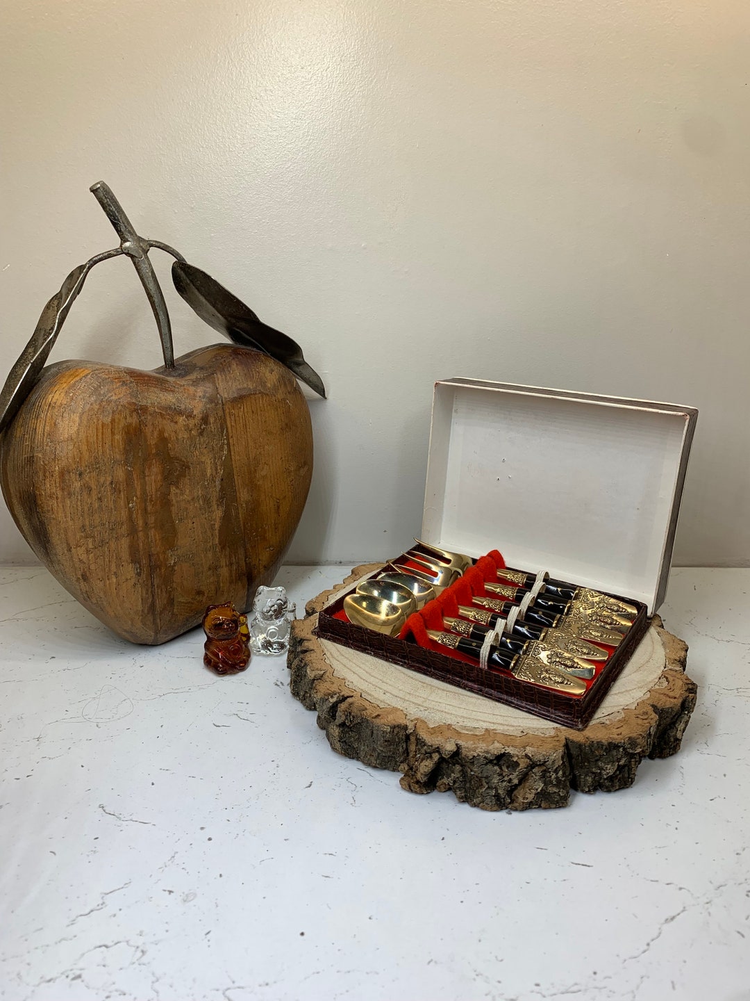 Vintage Bronze Wood Siam/thailand Cocktail Forks & Spoons Set Ratanee ...
