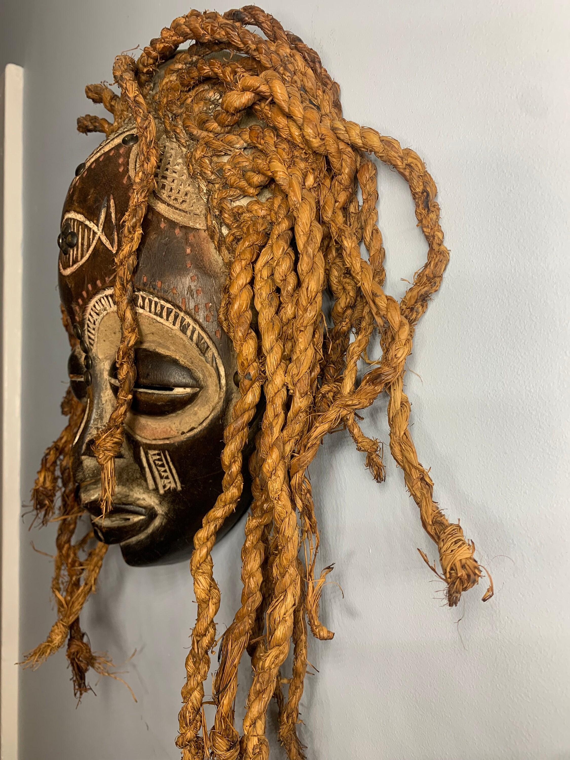 Handmade Brown Wood Chokwe Mask With Long Rope Hair Bust - Etsy