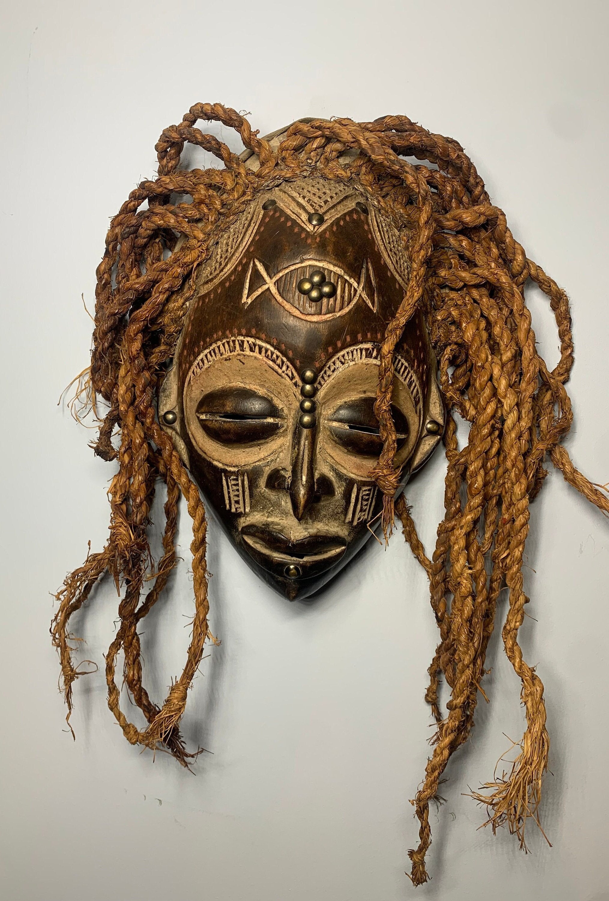 Handmade Brown Wood Chokwe Mask With Long Rope Hair Bust - Etsy