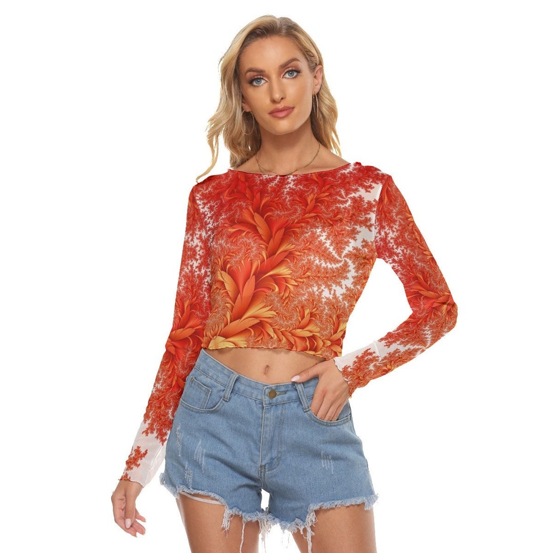 Red Floral Romantic Mesh Crop Top Long Sleeves up to 6XL - Etsy