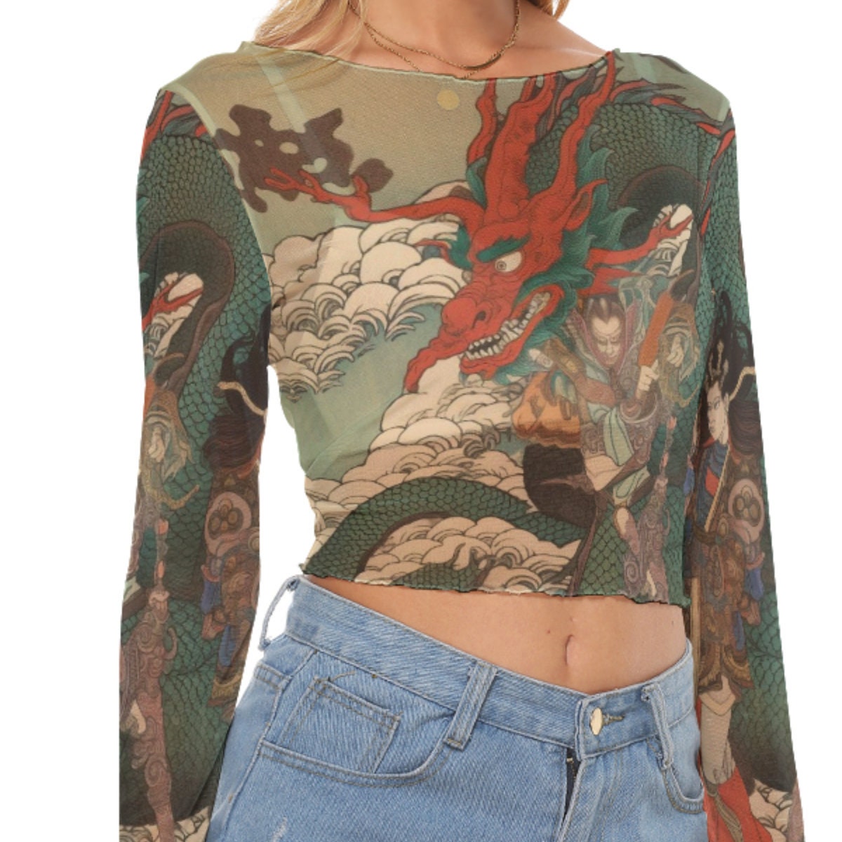 Oriental Dragon Women's Mesh Crop Top Long Sleeves Semi-sheer Three ...