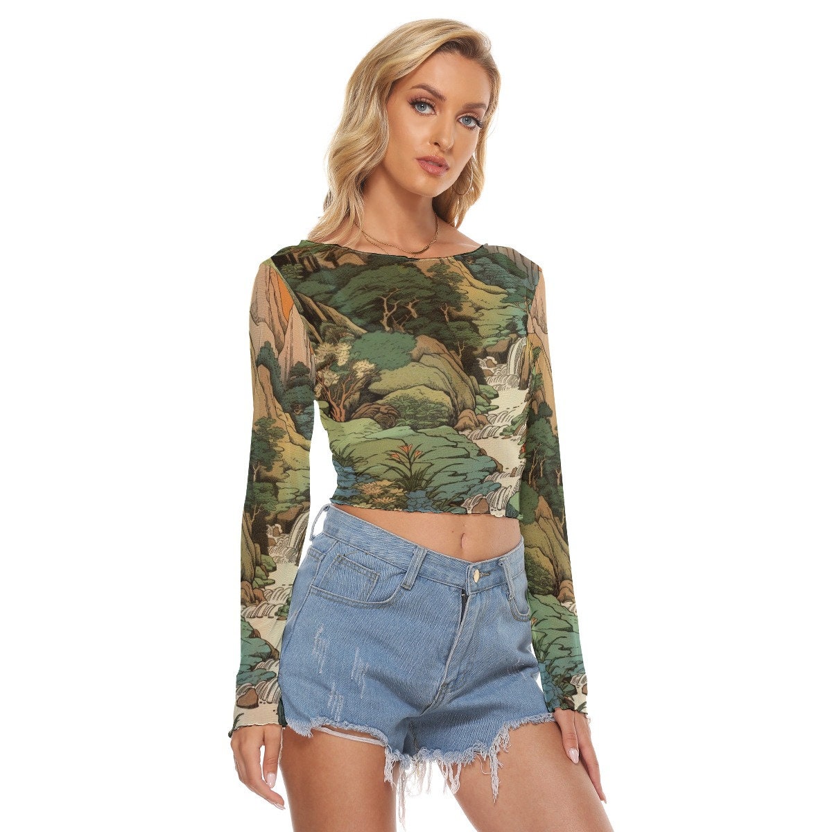 Japanese Traditional Painting Art Print Mesh Crop Top Long Sleeves - Etsy