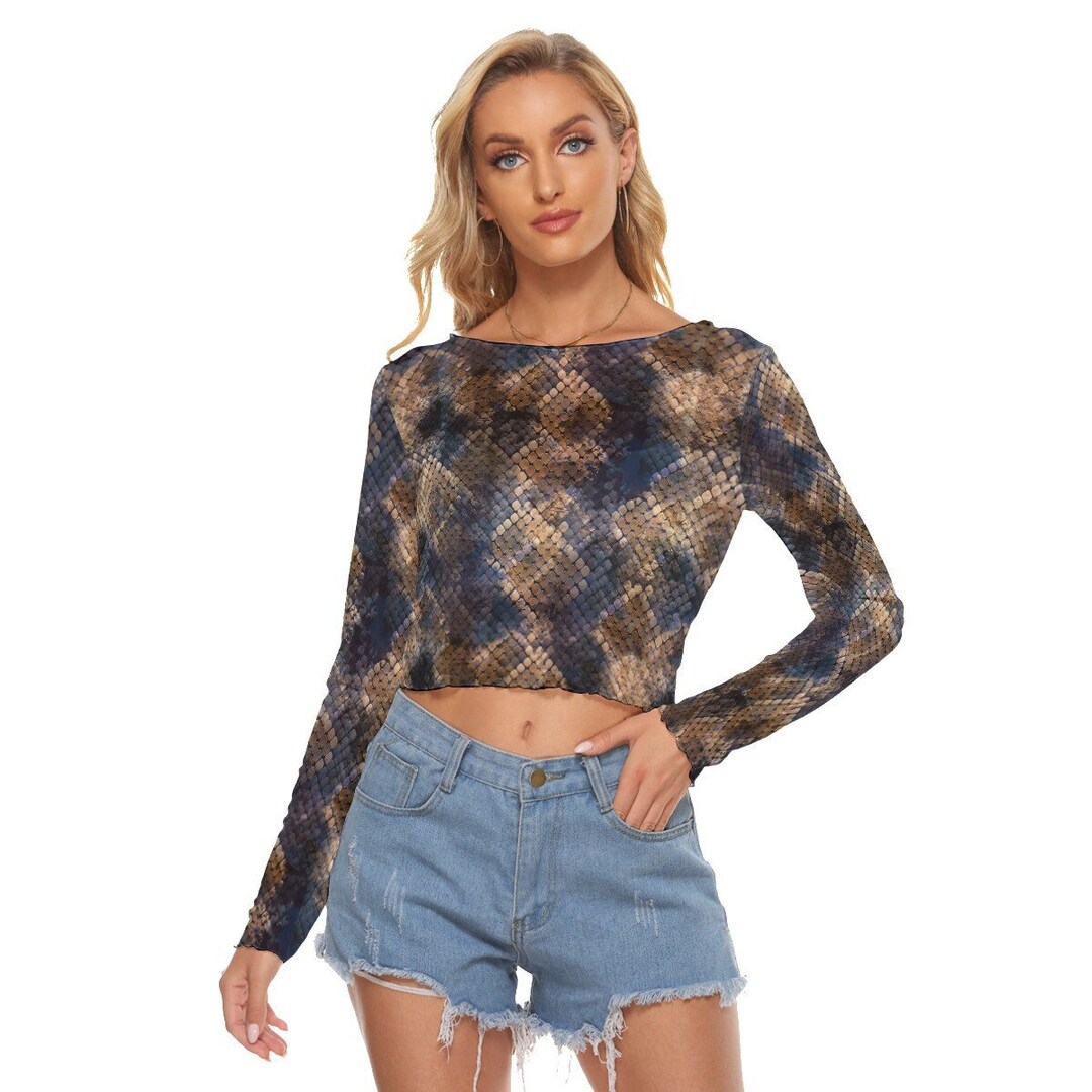 Python Print Mesh Top: Long Sleeve Crop Top, Plus Size - Etsy