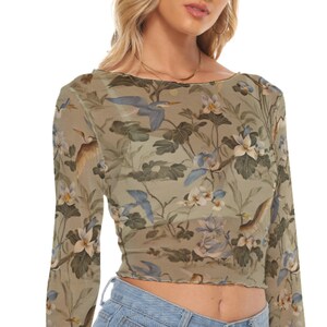 Floral Victorian Pattern Women's Mesh Crop Top Long Sleeves Two Styles ...
