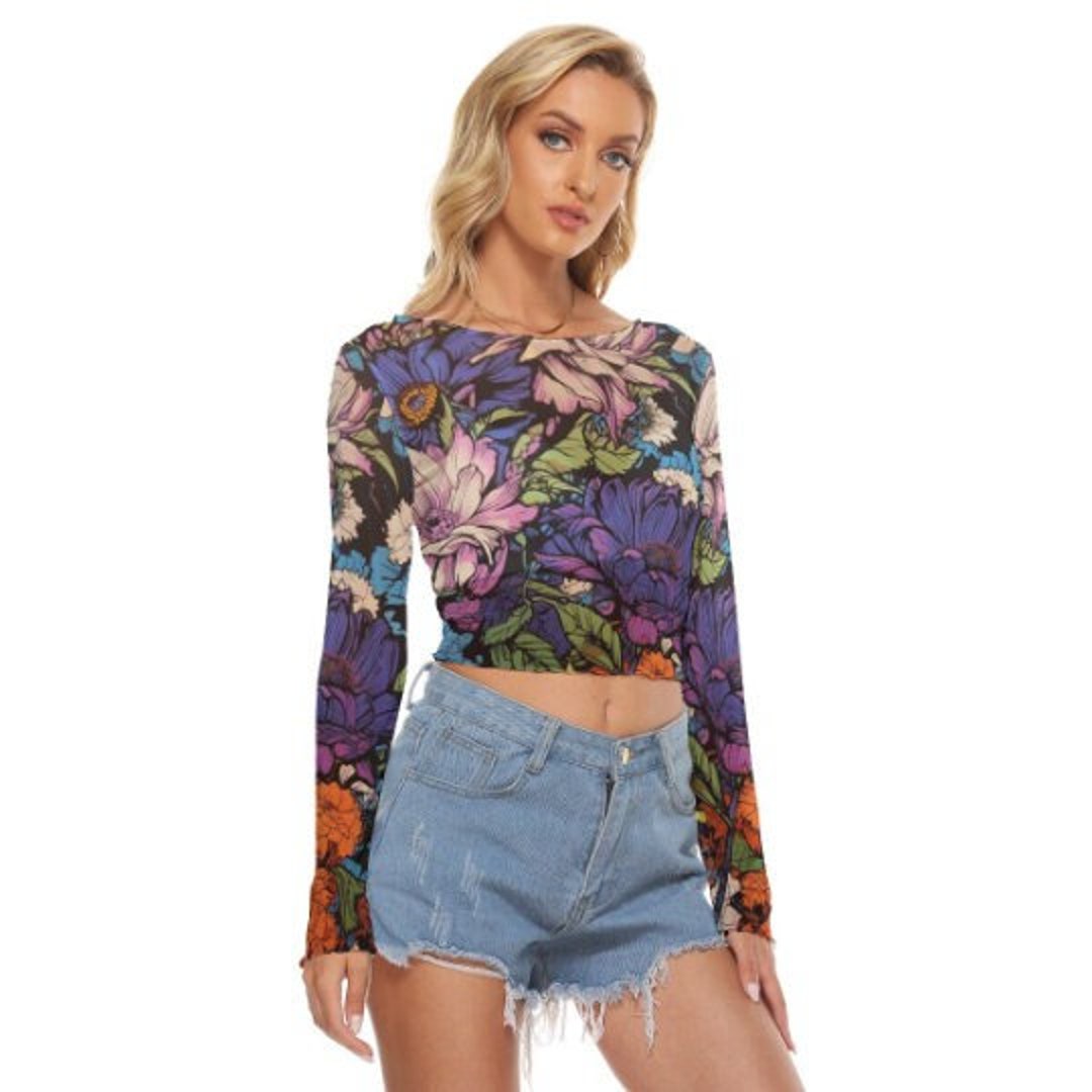 Moonshade Floral Women's Mesh Crop Top Long Sleevestwo Styles - Etsy
