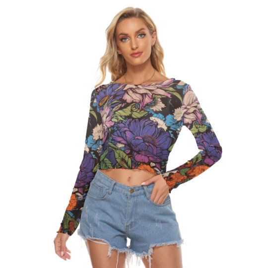 Moonshade Floral Women's Mesh Crop Top Long Sleevestwo Styles - Etsy
